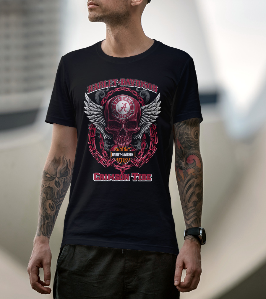 Harley Davidson Alabama Crimson Tide Skull Wings Chains T-Shirt