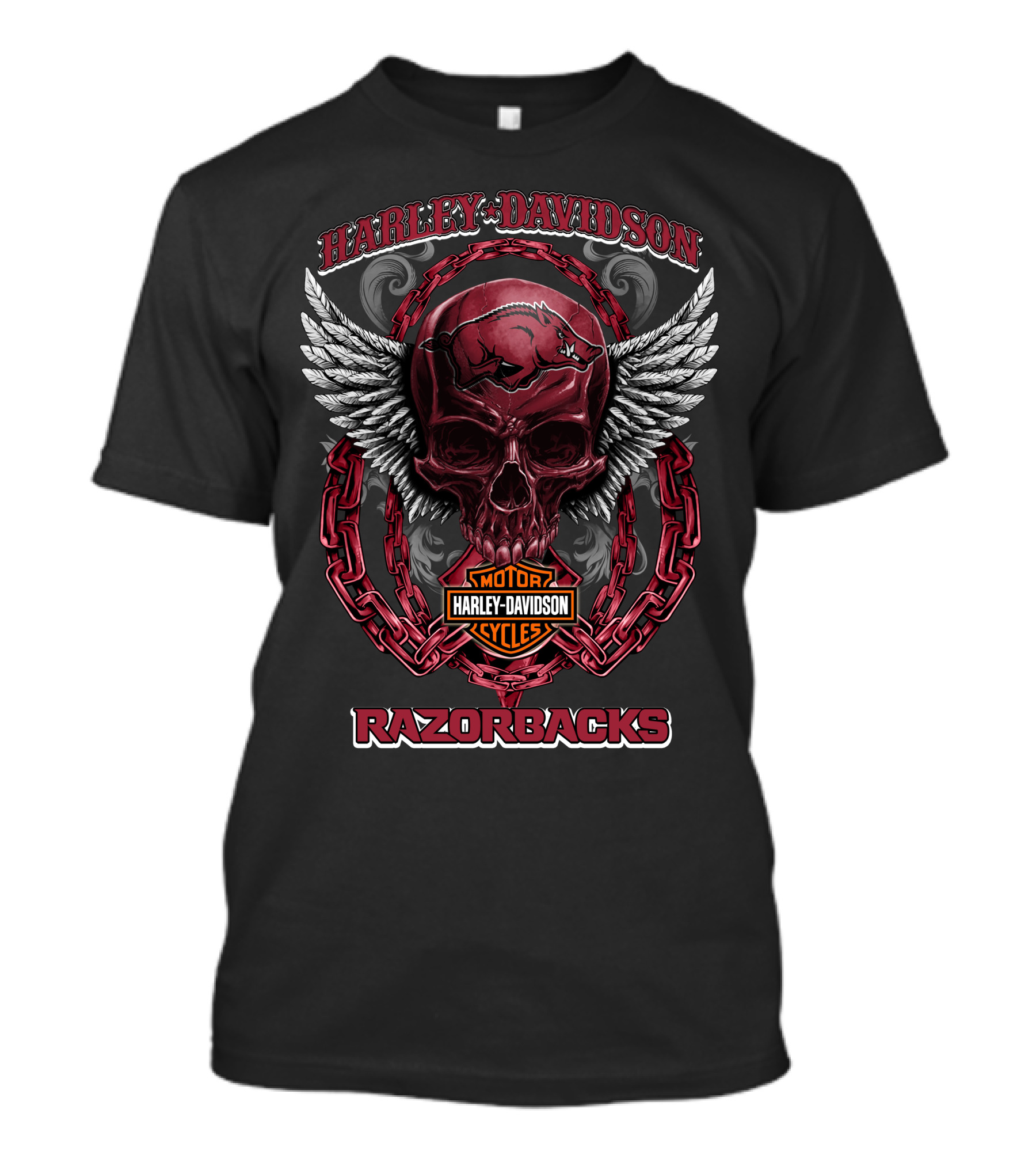 Harley Davidson Motor Cycles Razorbacks Skull Winged Chain T-Shirt