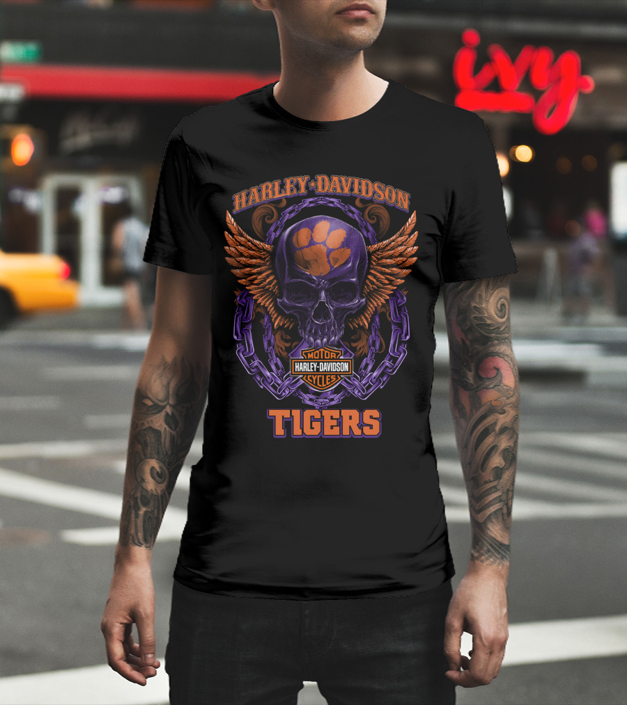 Harley Davidson Tigers Skull With Clemson Paw Logo And Wings T-Shirt