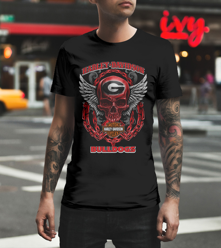 Harley Davidson Motorcycles Georgia Bulldogs Skull And Wings T-Shirt