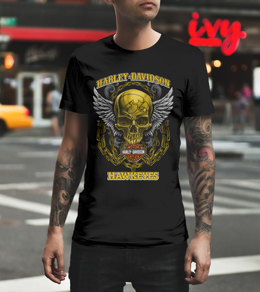 Harley Davidson Motor Cycles Skull Hawkeyes Iowa T-Shirt