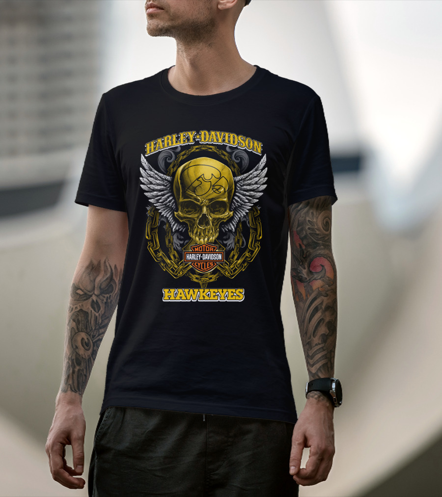 Harley Davidson Motor Cycles Skull Hawkeyes Iowa T-Shirt