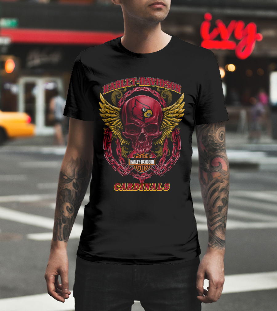 Harley Davidson Motor Cycles Cardinals Skull With Wings And Chains T-Shirt