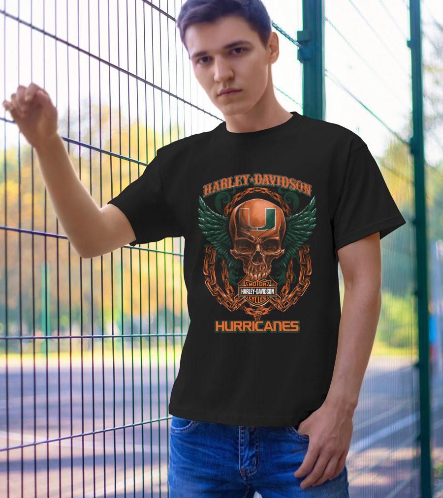 Harley Davidson Miami Hurricanes Skull Logo Chains Winged T-Shirt