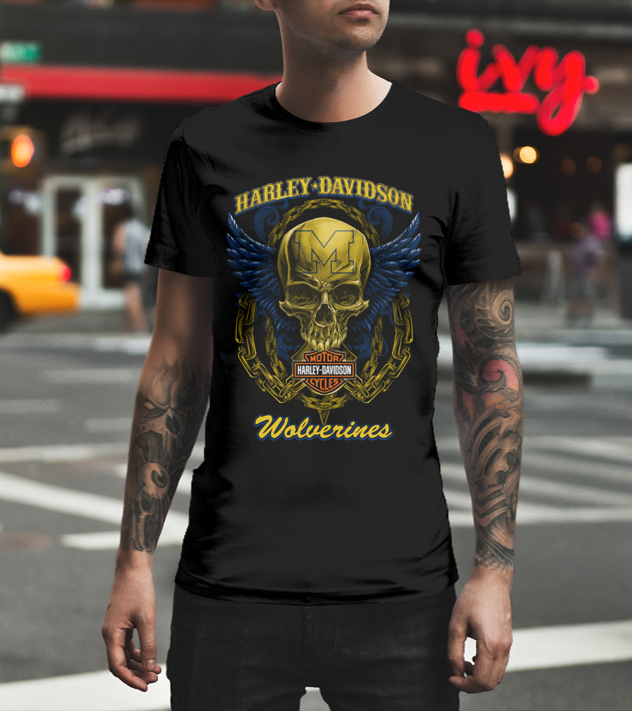 Harley Davidson Wolverines Michigan Motor Cycles Skull And Chain T-Shirt