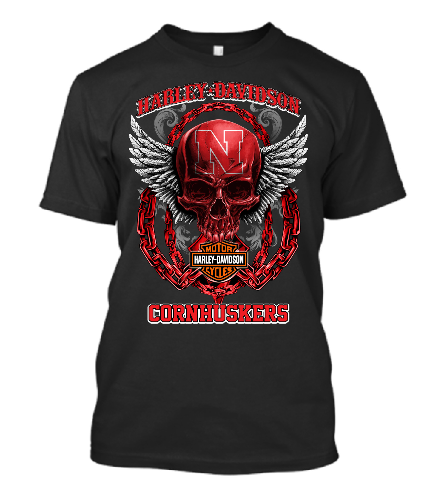 Harley Davidson Nebraska Cornhuskers Skull Wings Chain T-Shirt