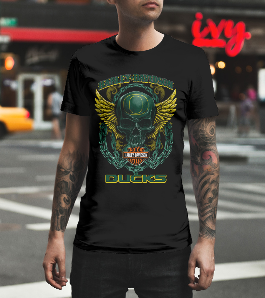 Harley Davidson Motorcycles Oregon Ducks Skull Wing T-Shirt