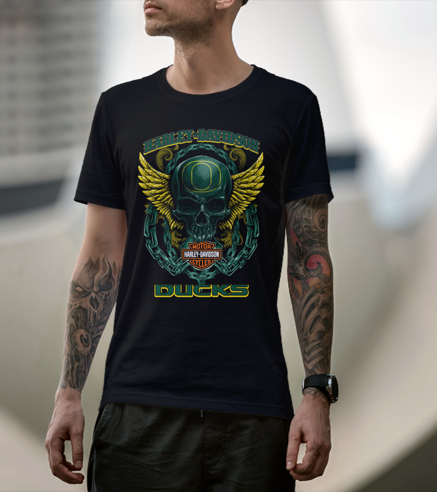 Harley Davidson Motorcycles Oregon Ducks Skull Wing T-Shirt