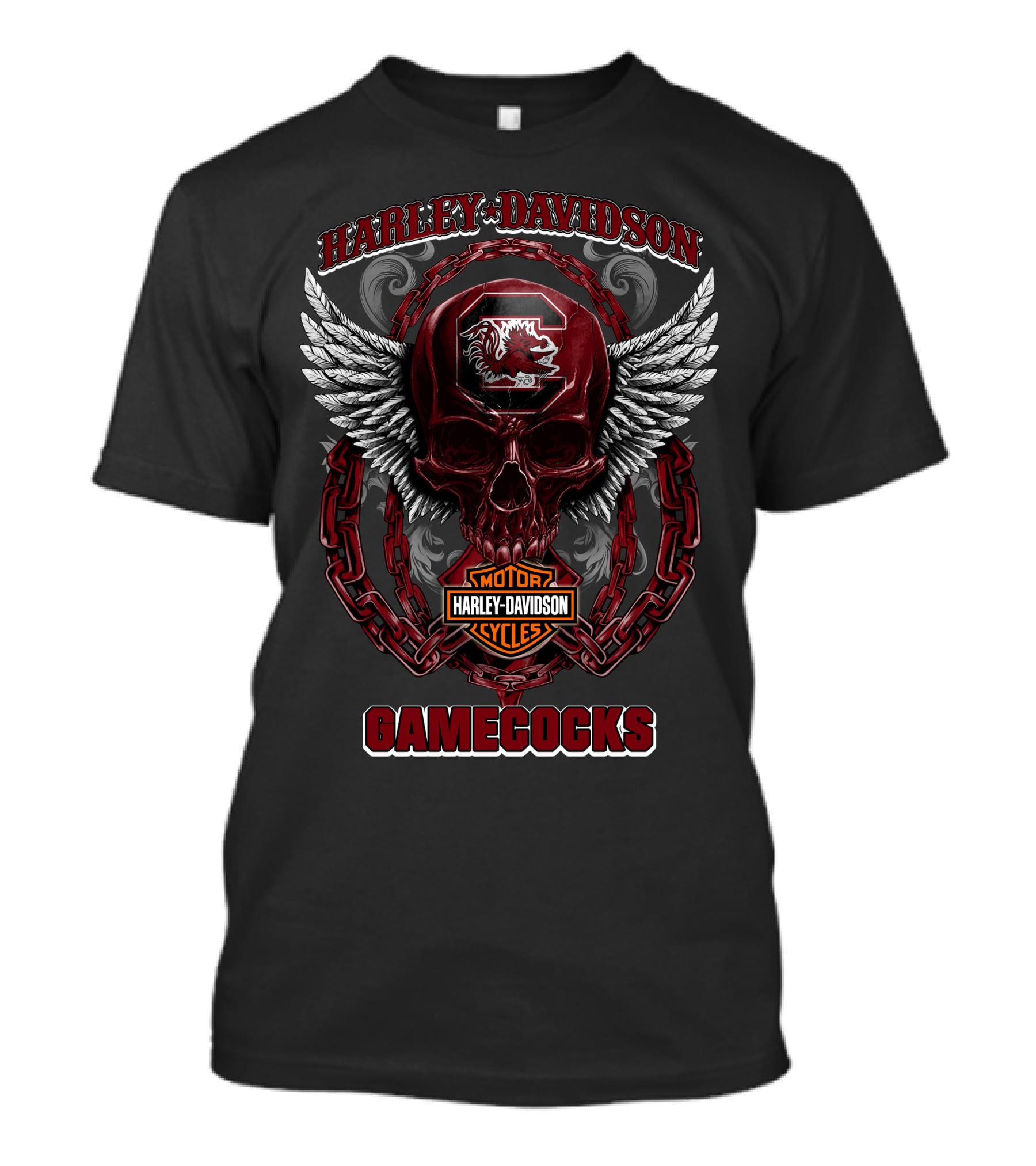 Harley Davidson South Carolina Gamecocks Motorcycles Skull Wings Chains T-Shirt
