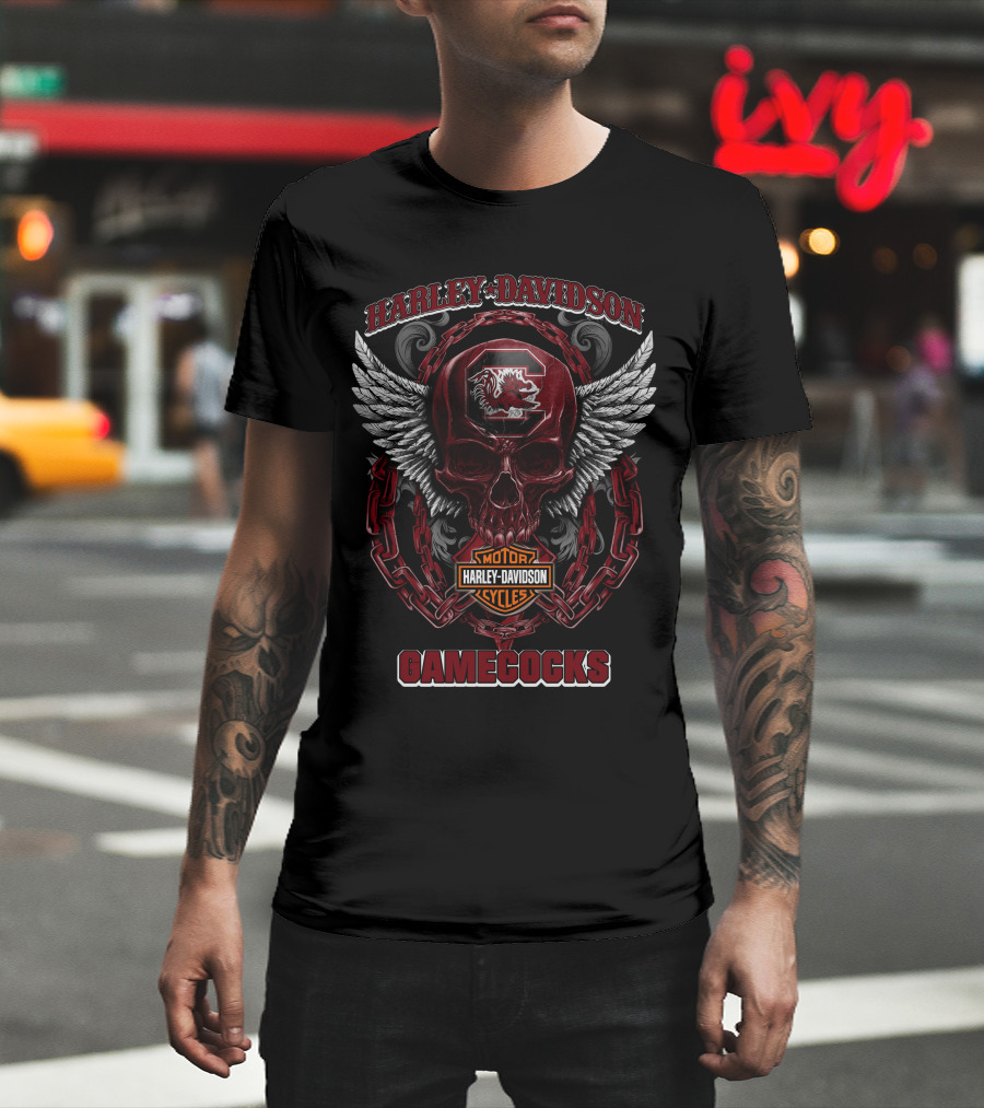 Harley Davidson South Carolina Gamecocks Motorcycles Skull Wings Chains T-Shirt