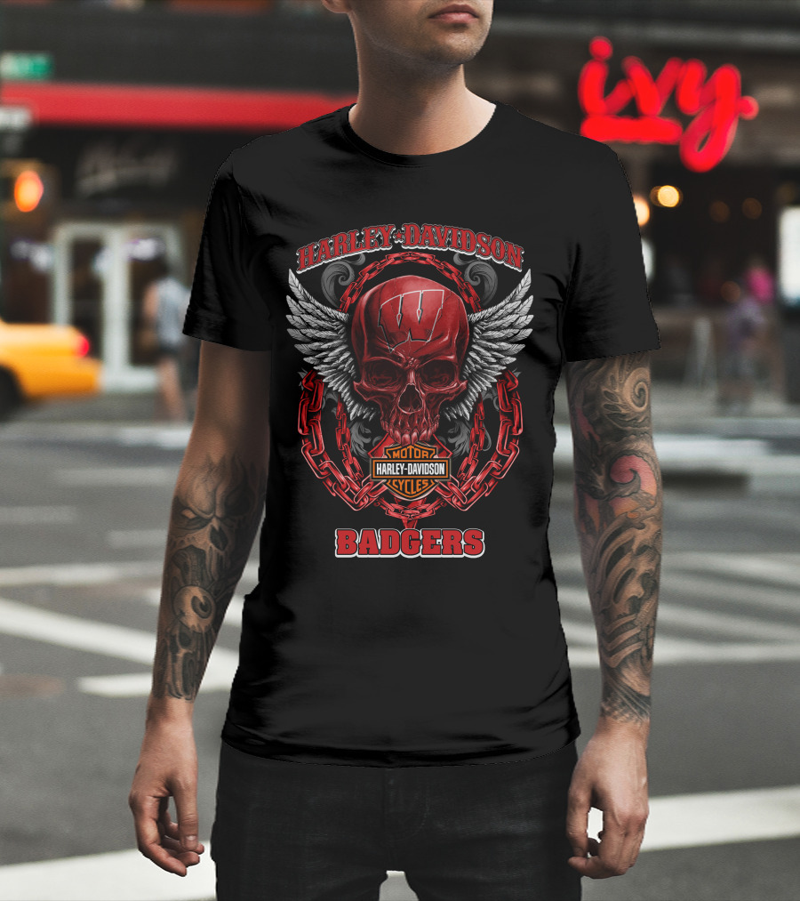 Harley Davidson Wisconsin Badgers Winged Skull T-Shirt