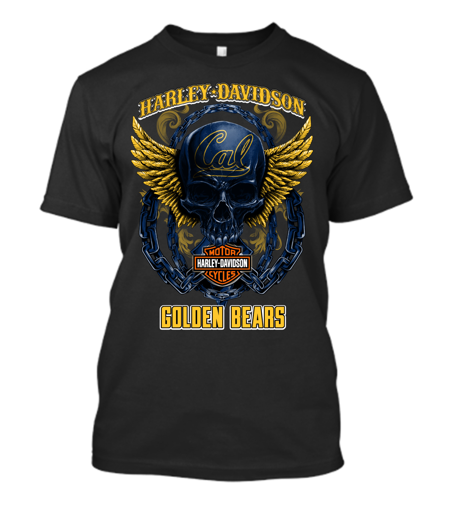 Harley Davidson Cal Golden Bears Skull With Wings And Chains T-Shirt
