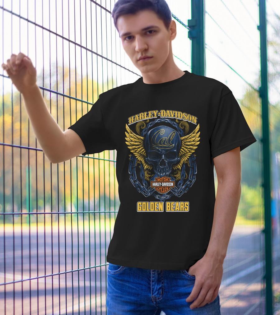 Harley Davidson Cal Golden Bears Skull With Wings And Chains T-Shirt