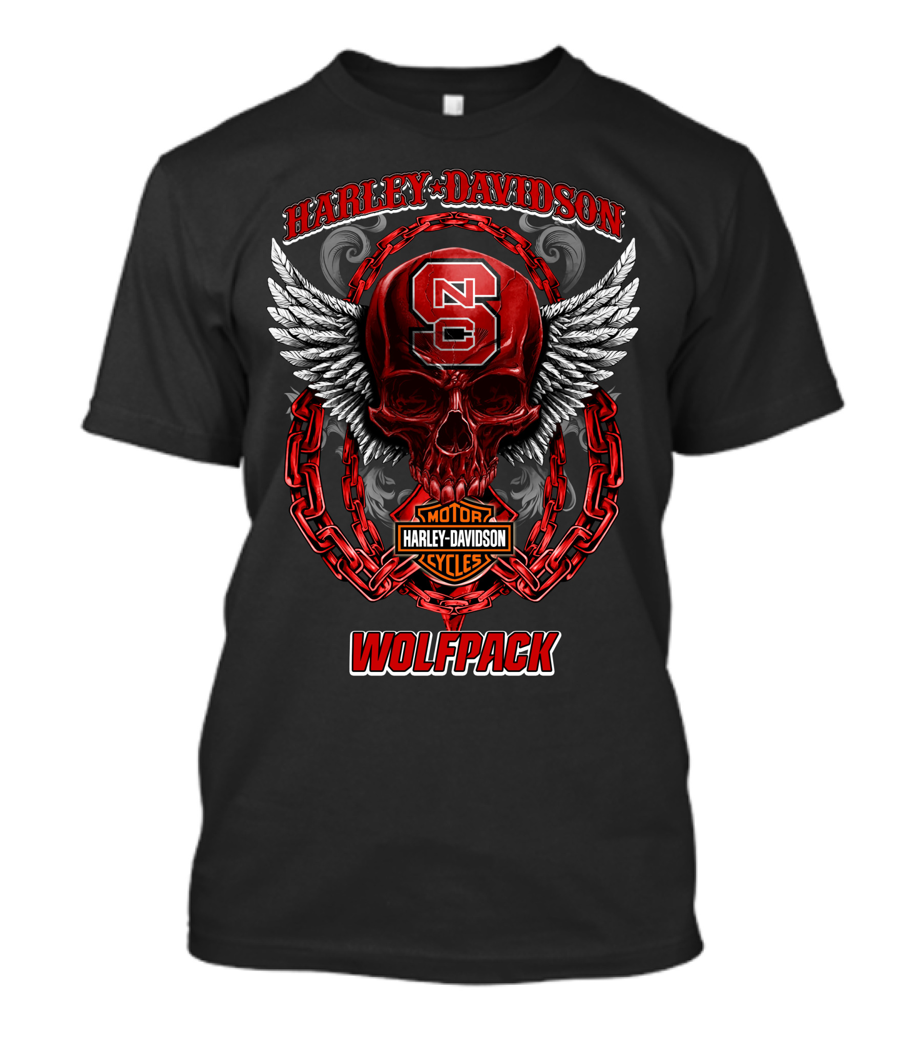 Harley Davidson Nc State Wolfpack Skull Wings Chains T-Shirt