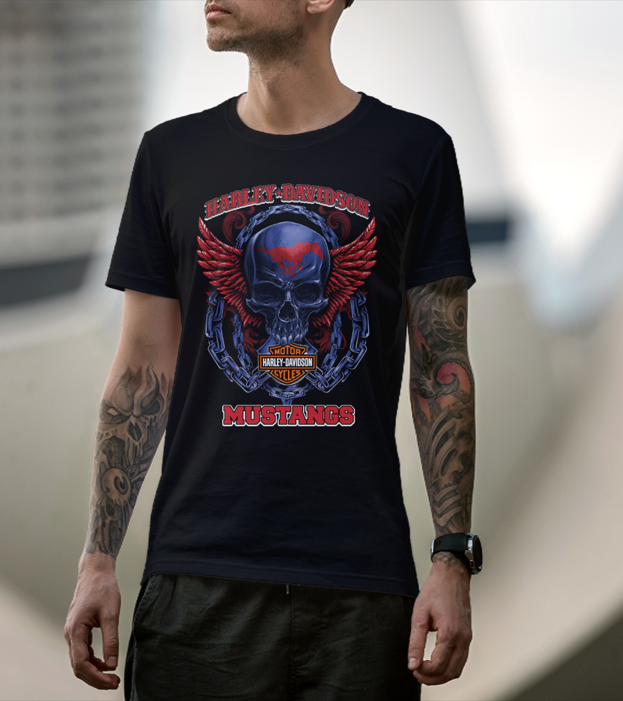 Harley Davidson Motor Cycles Mustangs Skull Wings Chains T-Shirt