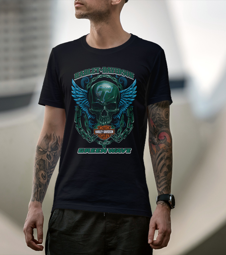 Harley Davidson Motor Cycles Green Wave Skull With Wings And Chains T-Shirt