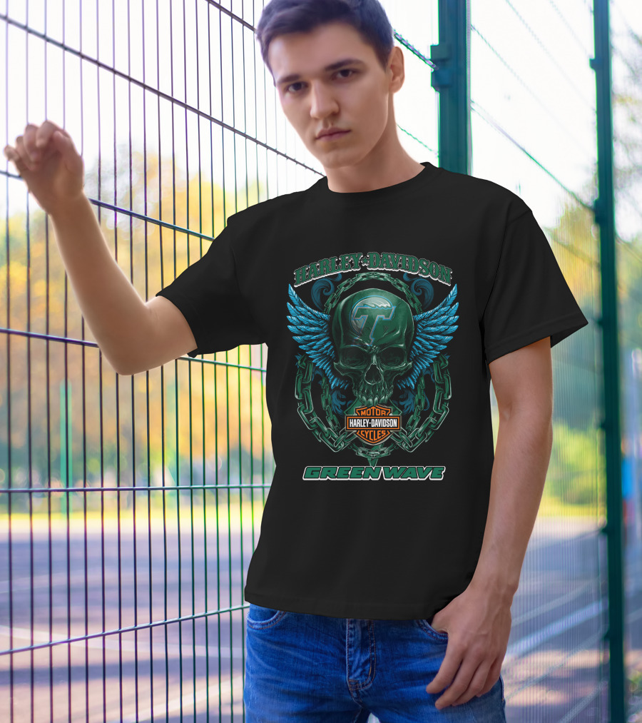Harley Davidson Motor Cycles Green Wave Skull With Wings And Chains T-Shirt