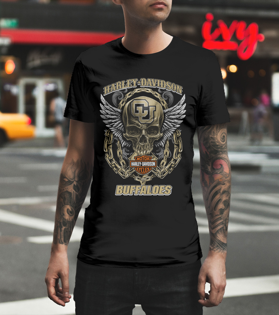 Harley Davidson Colorado Buffaloes Cu Skull Wing Chain T-Shirt