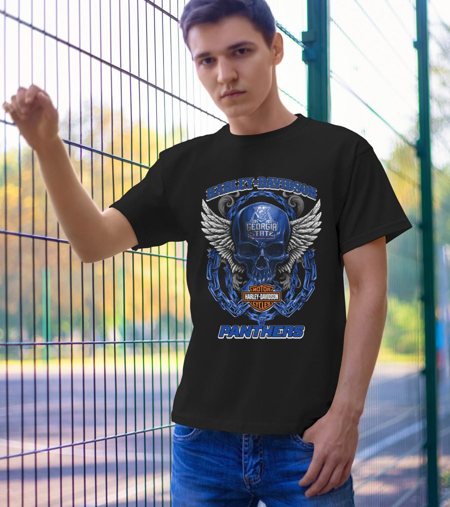 Harley Davidson Georgia State Panthers Motorcycles Skull Wings T-Shirt