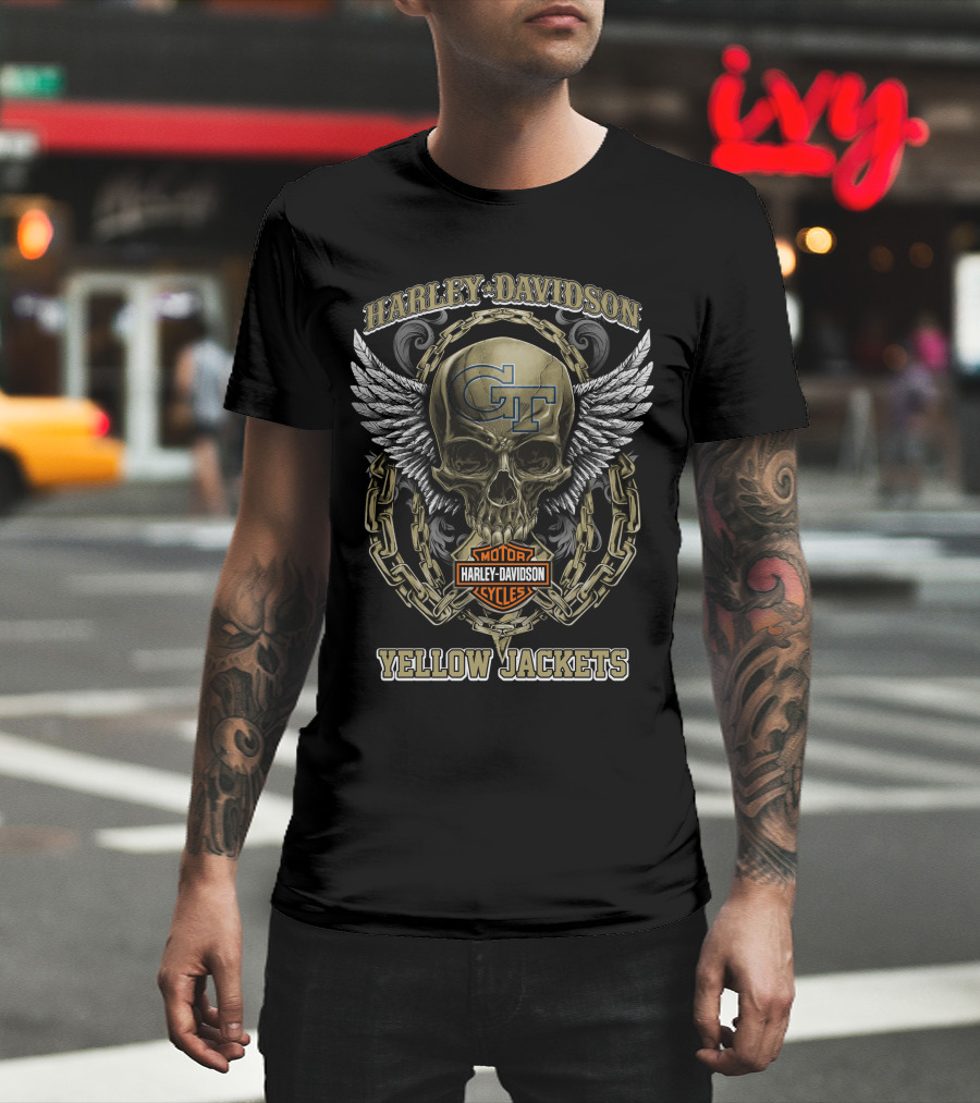 Harley Davidson Georgia Tech Gt Yellow Jackets Skull Wings Chains T-Shirt