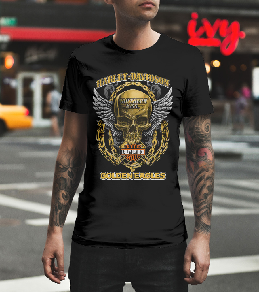 Harley Davidson Southern Miss Golden Eagles Motor Cycles Skull Wings Chains T-Shirt