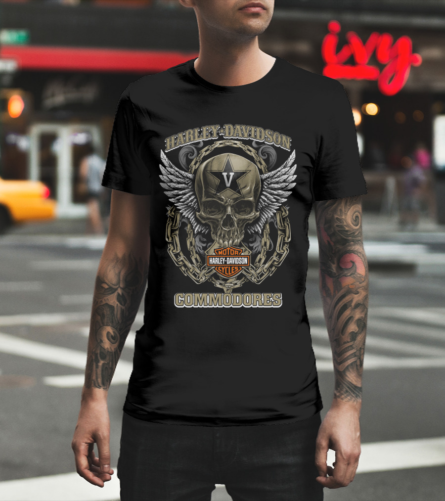 Harley Davidson Motor Cycles Vanderbilt Commodores Skull Wings Chain T-Shirt