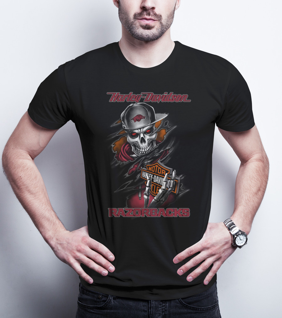Harley Davidson Razorbacks Skull With Arkansas Hat And Harley T-Shirt