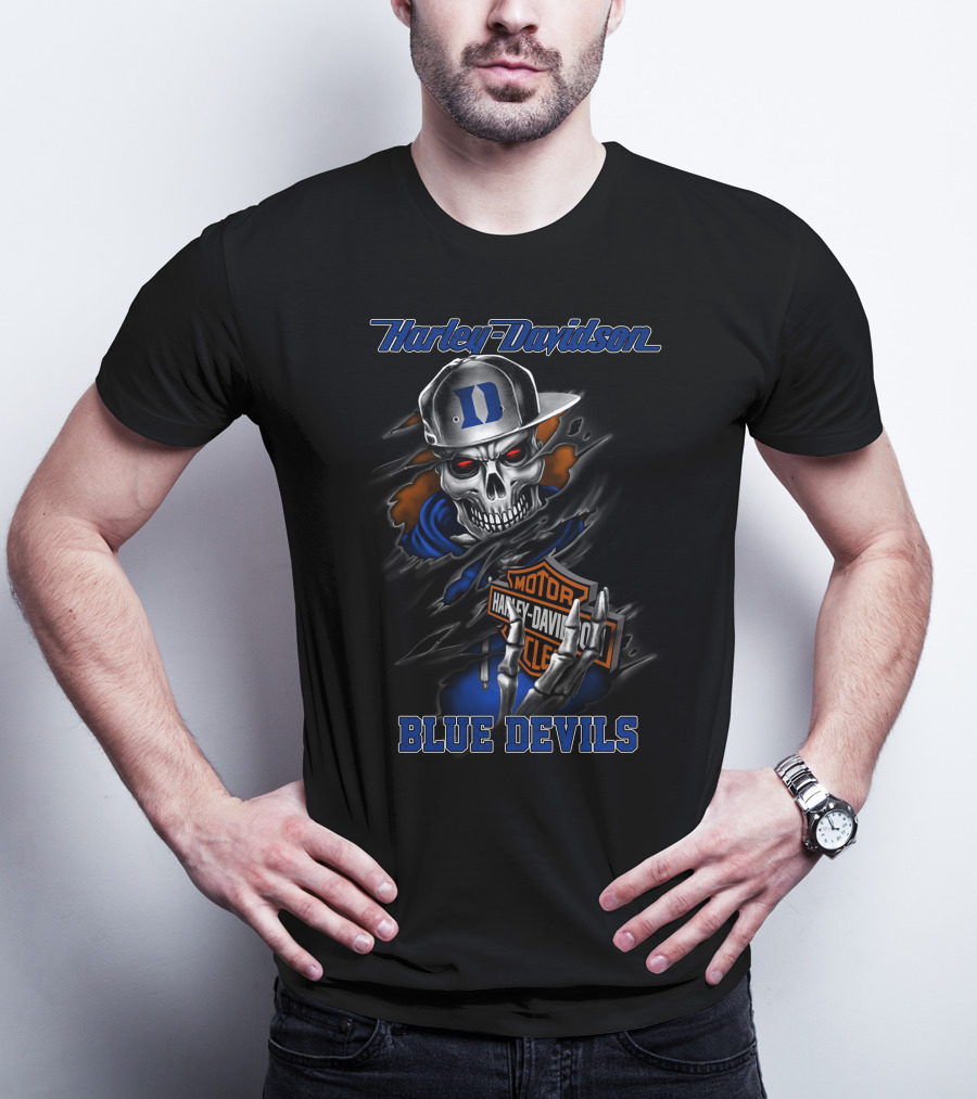 Harley Davidson Blue Devils Skull With Duke Logo And Motorcycle Motif T-Shirt