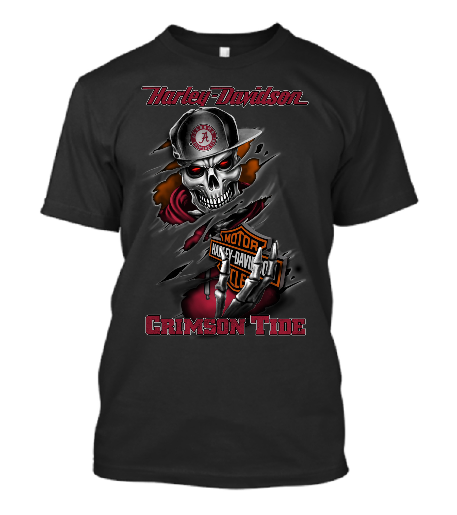 Harley Davidson Alabama Crimson Tide Skulled Rider With Cap And Hoodie T-Shirt