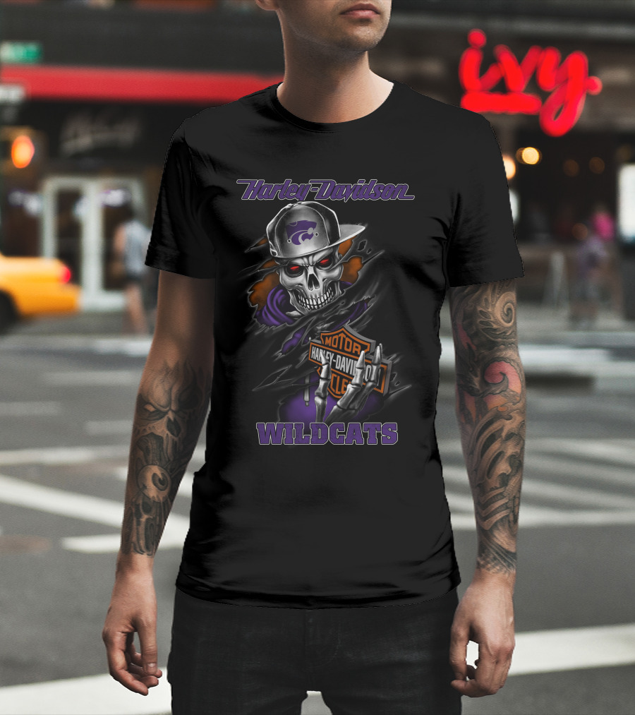 Harley Davidson Wildcats Kansas State Skull Theme T-Shirt