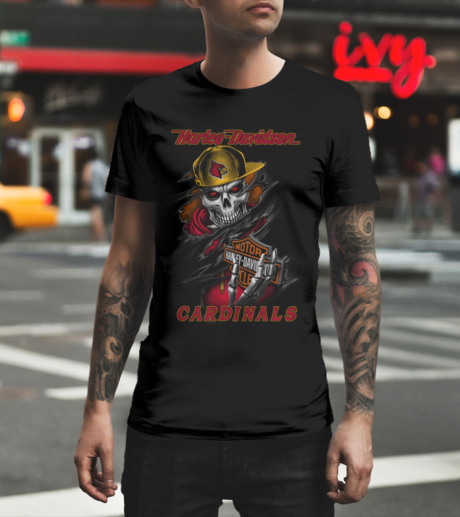Harley Davidson Louisville Cardinals Skeleton In Cap T-Shirt