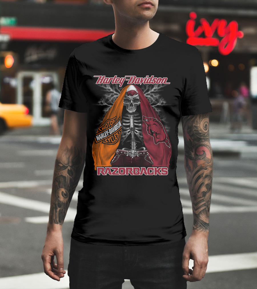 Harley Davidson Razorbacks Motorcycle Skeleton Lightning T-Shirt