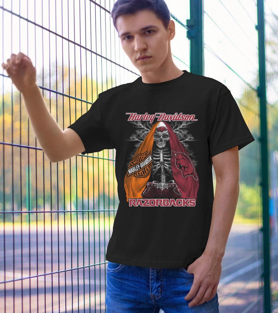 Harley Davidson Razorbacks Motorcycle Skeleton Lightning T-Shirt