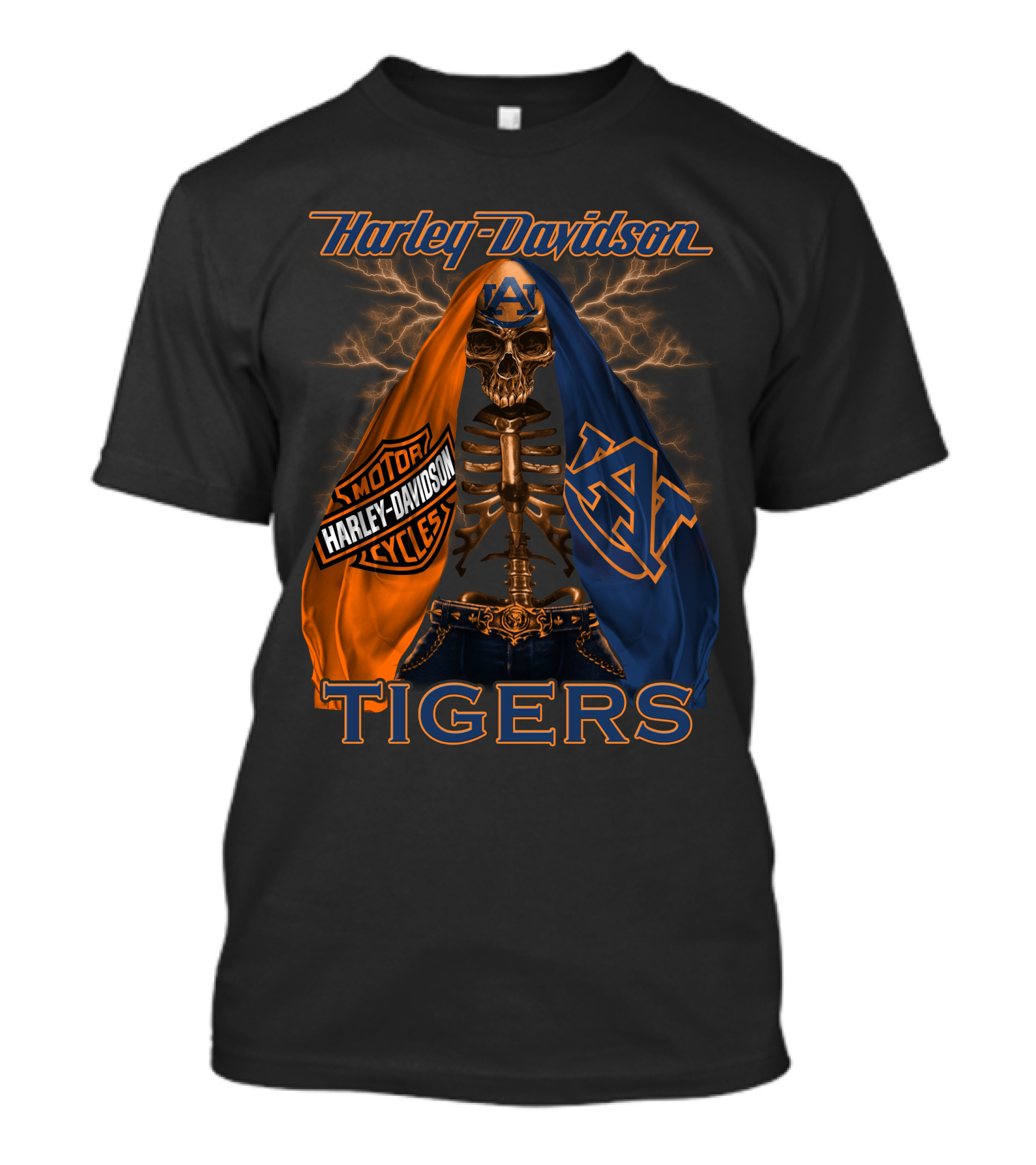 Harley Davidson Auburn Tigers Skeleton Dual Flag T-Shirt