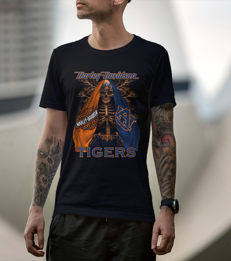 Harley Davidson Auburn Tigers Skeleton Dual Flag T-Shirt