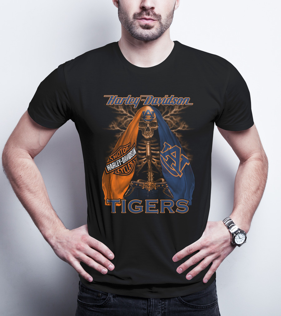 Harley Davidson Auburn Tigers Skeleton Dual Flag T-Shirt