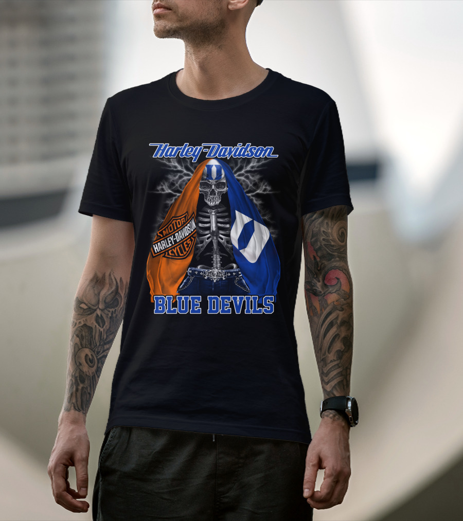 Harley Davidson Blue Devils Skeleton With Motor Cycles And Iconic Scarf T-Shirt