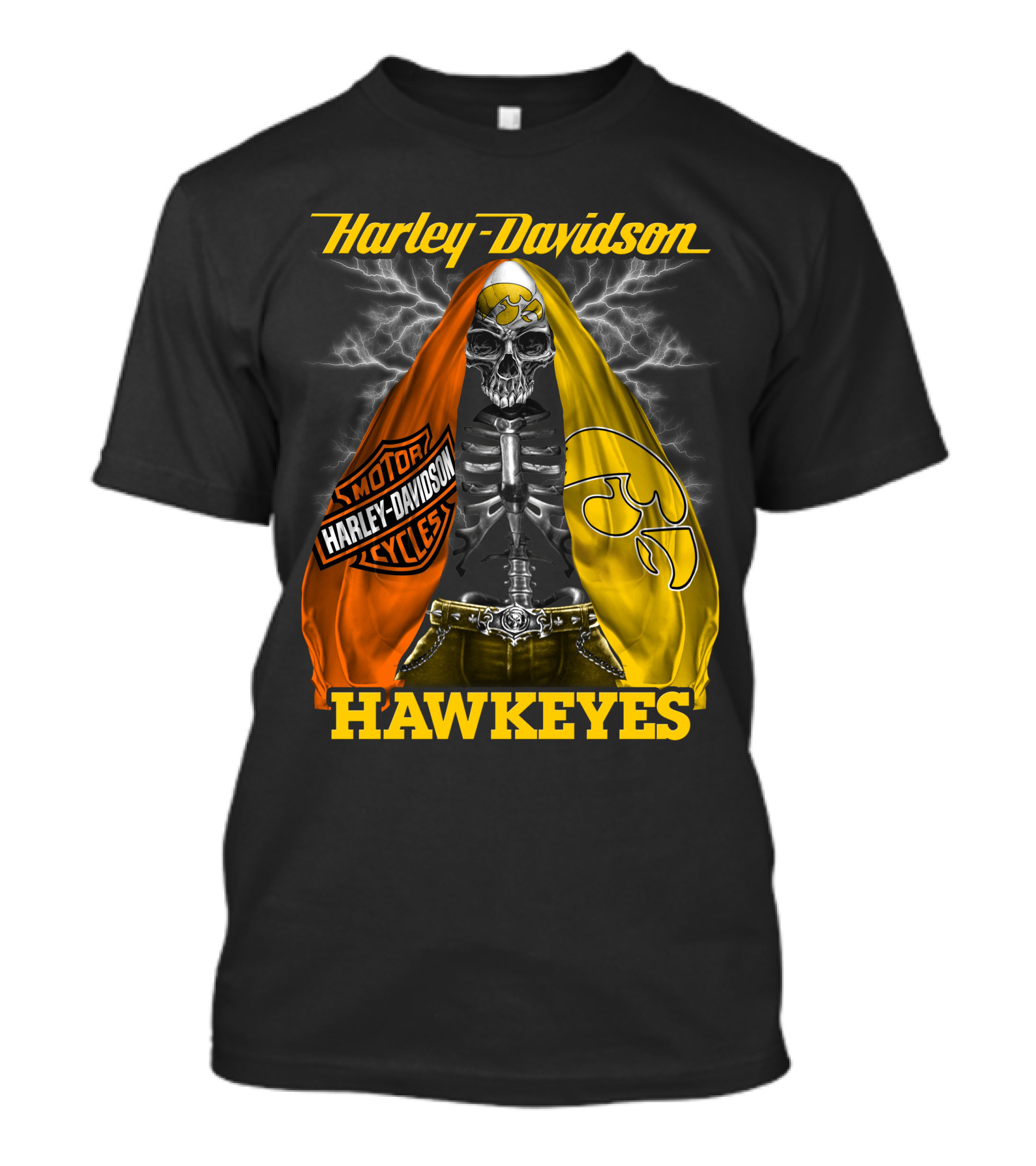 Harley Davidson Iowa Hawkeyes Skull Skeleton With Orange Yellow Flags And Hawkeyes T-Shirt