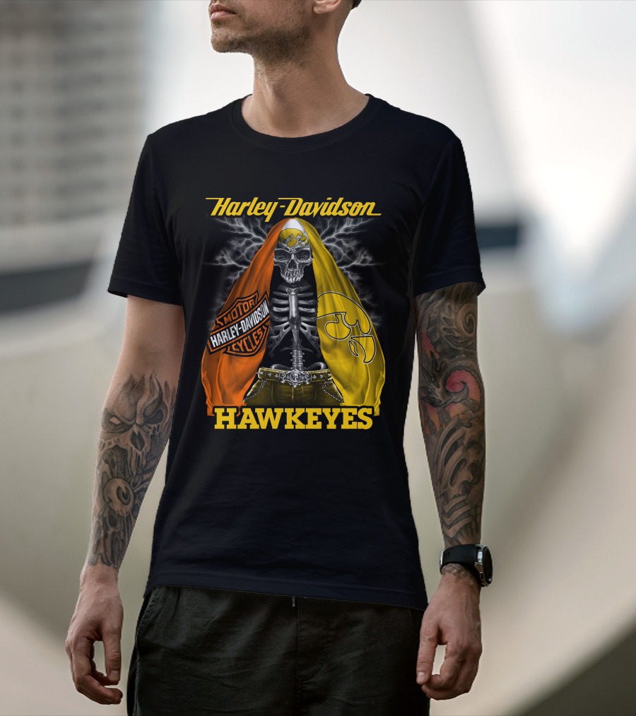 Harley Davidson Iowa Hawkeyes Skull Skeleton With Orange Yellow Flags And Hawkeyes T-Shirt