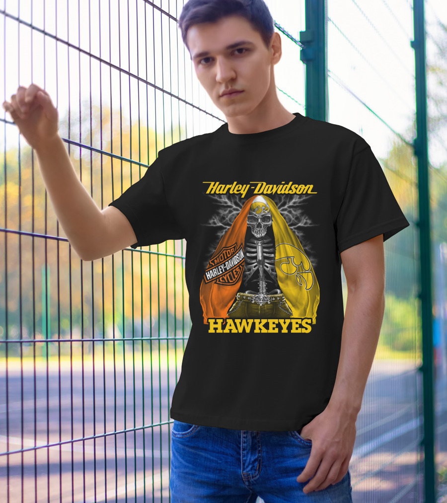 Harley Davidson Iowa Hawkeyes Skull Skeleton With Orange Yellow Flags And Hawkeyes T-Shirt
