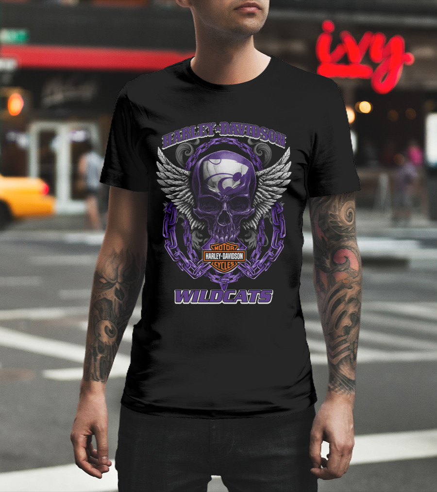 Harley Davidson Wildcats Kansas State Motorcycles Skull Wings T-Shirt