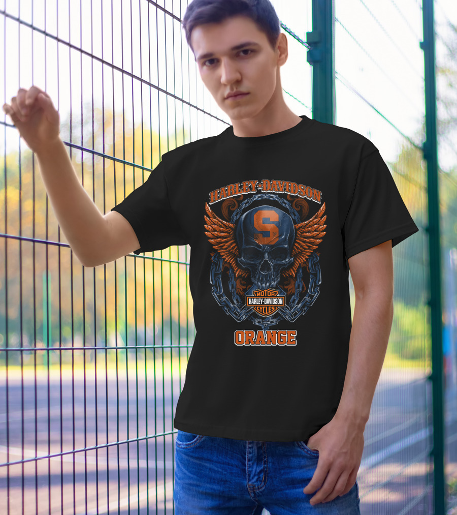 Harley Davidson Syracuse Orange Motor Cycles Skull Wings T-Shirt