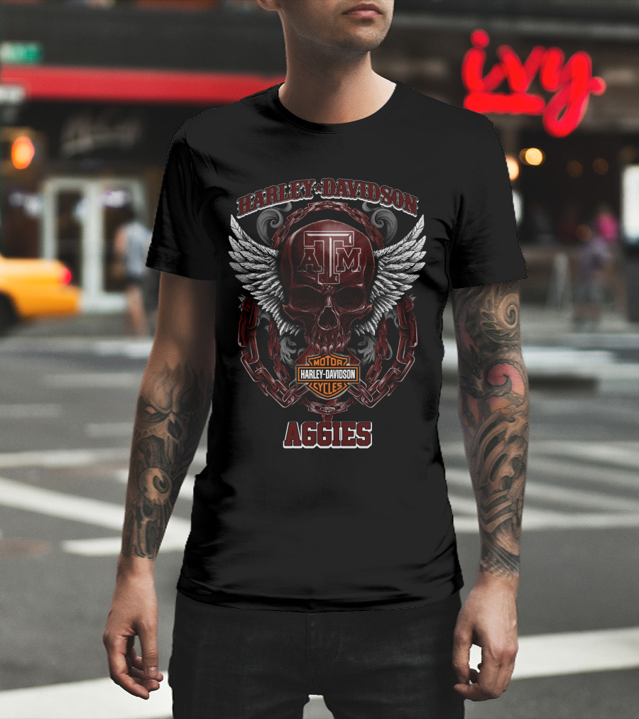Harley Davidson Texas A&M Aggies Motorcycles Logo With Skull And Wings T-Shirt