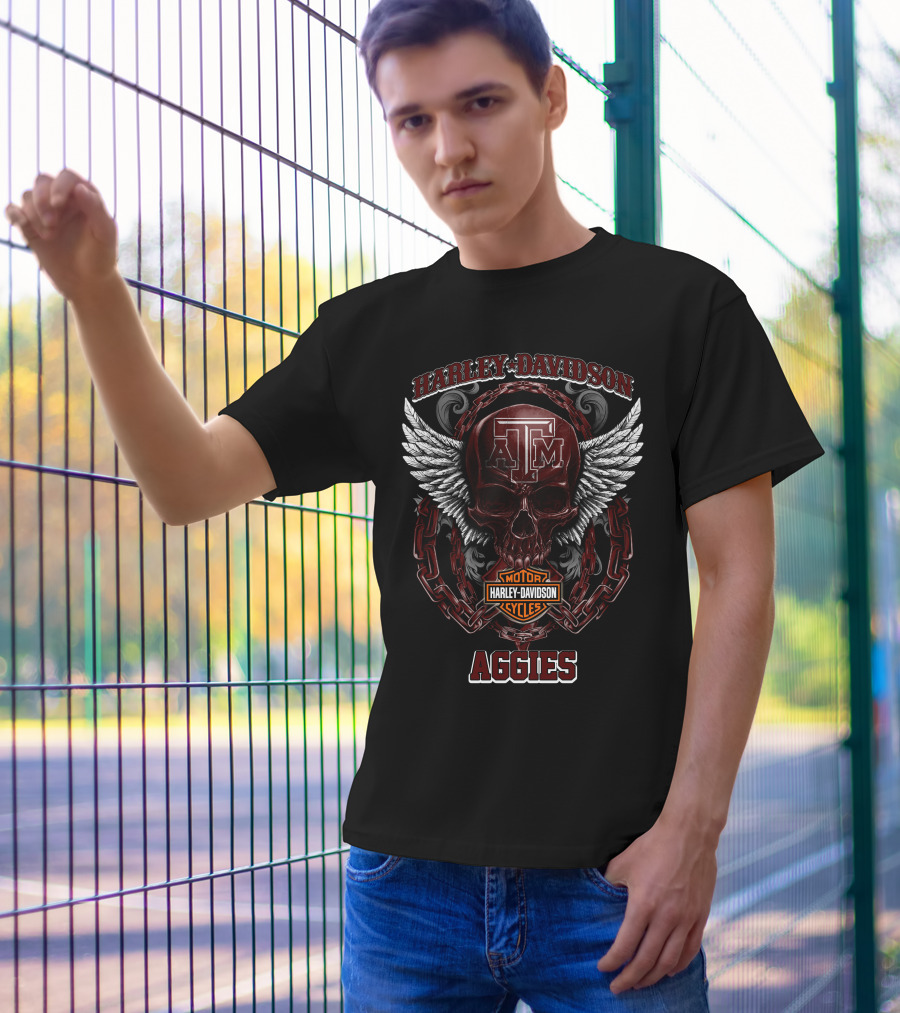Harley Davidson Texas A&M Aggies Motorcycles Logo With Skull And Wings T-Shirt