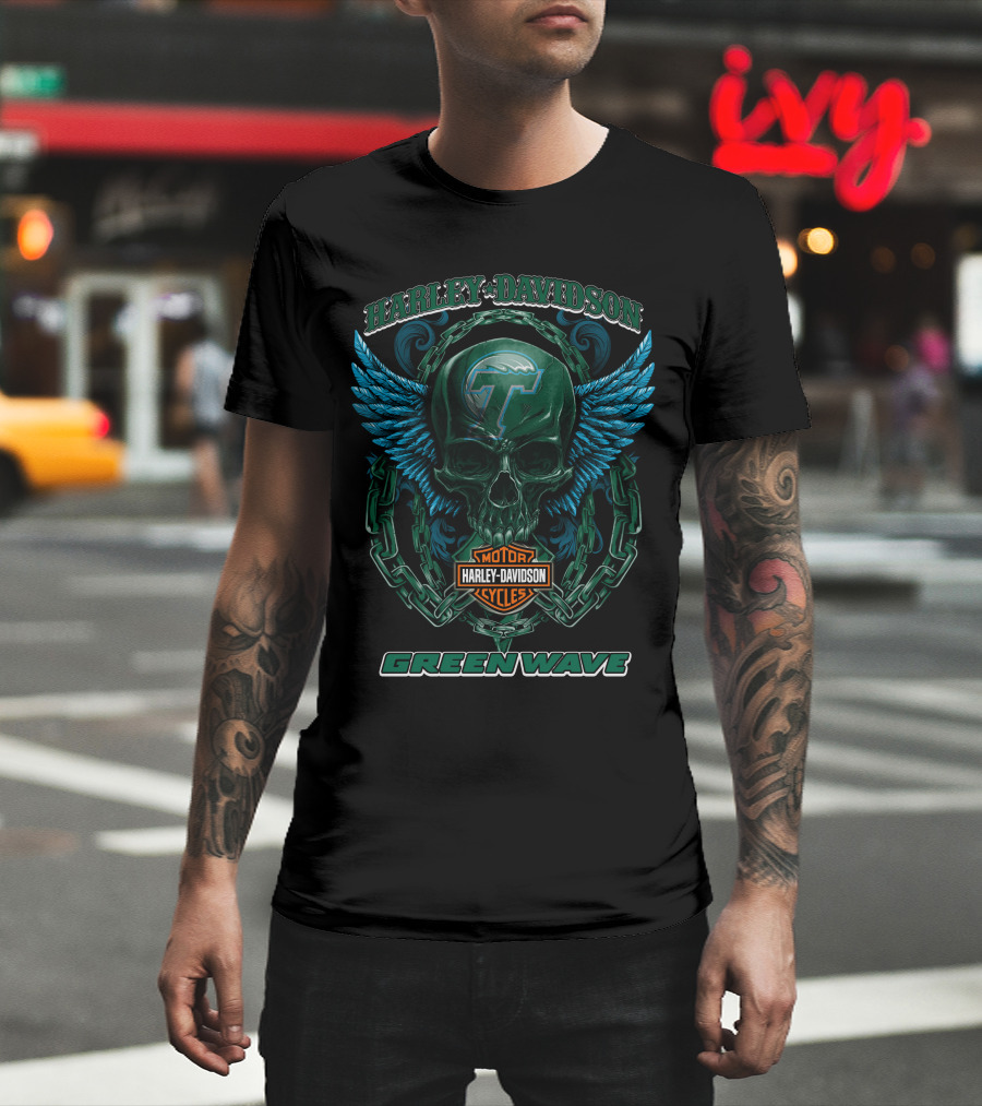 Harley Davidson Motorcycles Tulane Green Wave Skull Wings T-Shirt