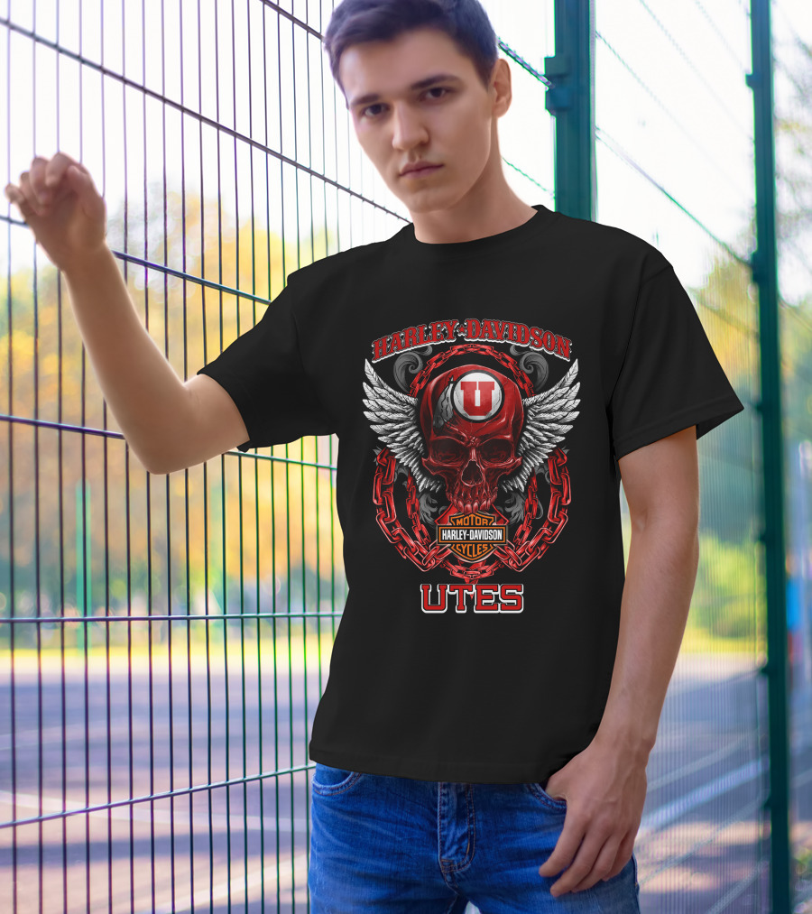 Harley Davidson Utah Utes Red Skull Wings Chains T-Shirt