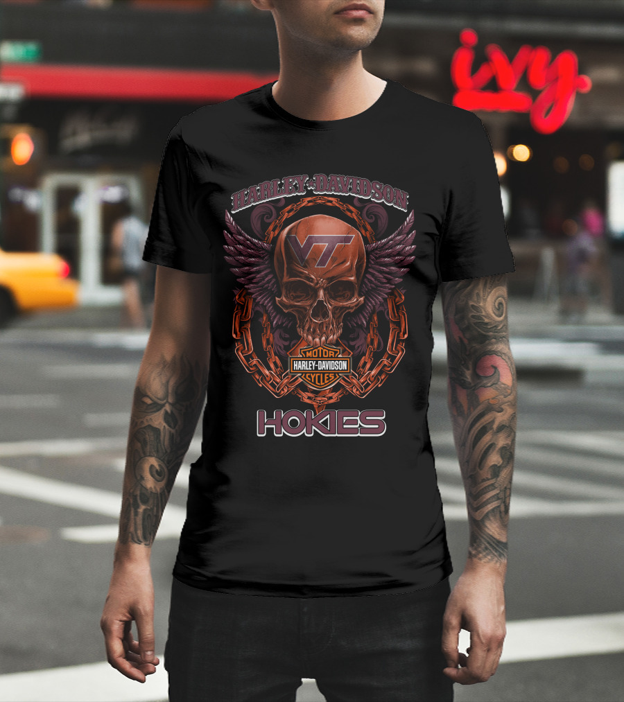 Harley Davidson Vt Motorcycles Hokies Skull Chain Wings T-Shirt