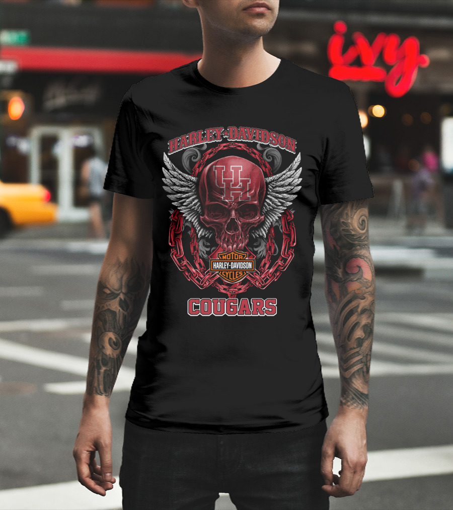 Harley Davidson Houston Cougars Skull With Chains And Wings T-Shirt