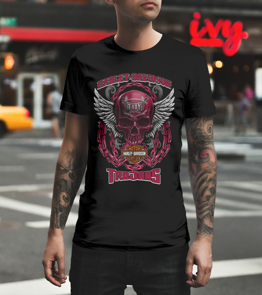 Harley Davidson Troy Trojans Motorcycles Skull With Wings And Chains T-Shirt