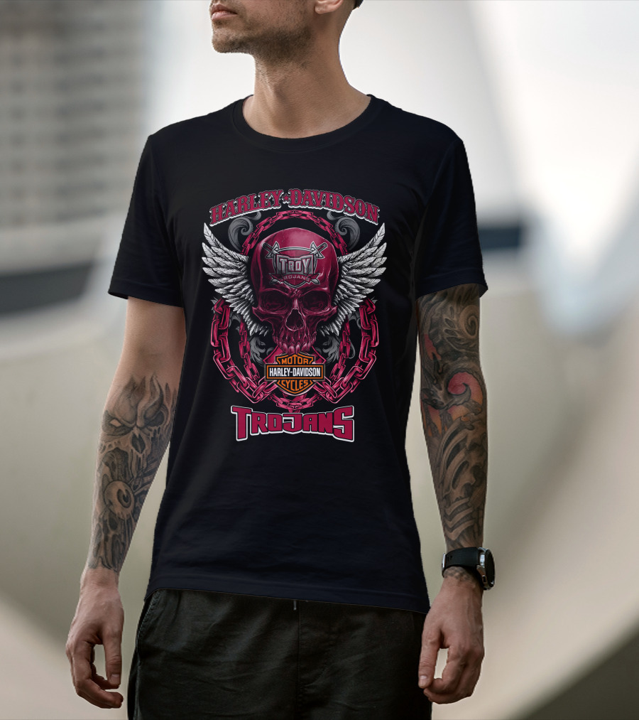 Harley Davidson Troy Trojans Motorcycles Skull With Wings And Chains T-Shirt